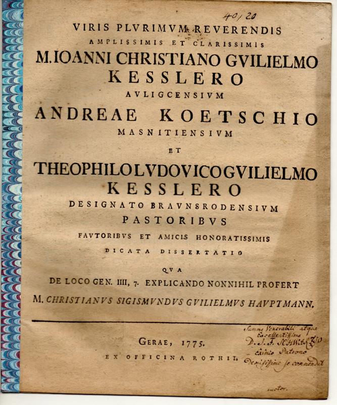 Qua De Loco Gen. III, 7. Explicando Nonnihil Profert. Widmungschrift ...