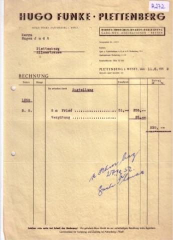 Rechnung Hugo Funke Plettenberg 1952 Herren-Burschen-Knaben-Bekleidung ...