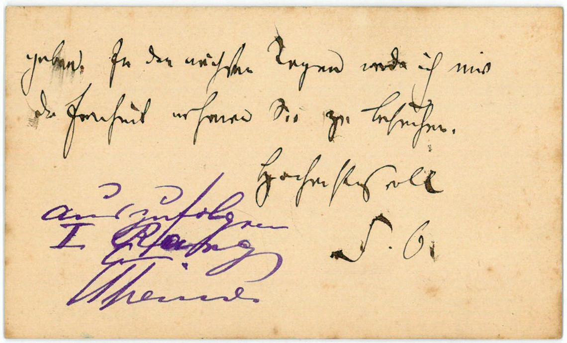 Gedr. Visitkarte mit 6 eigenh. Zeilen und U. von Ranzoni, Em(m)erich ...