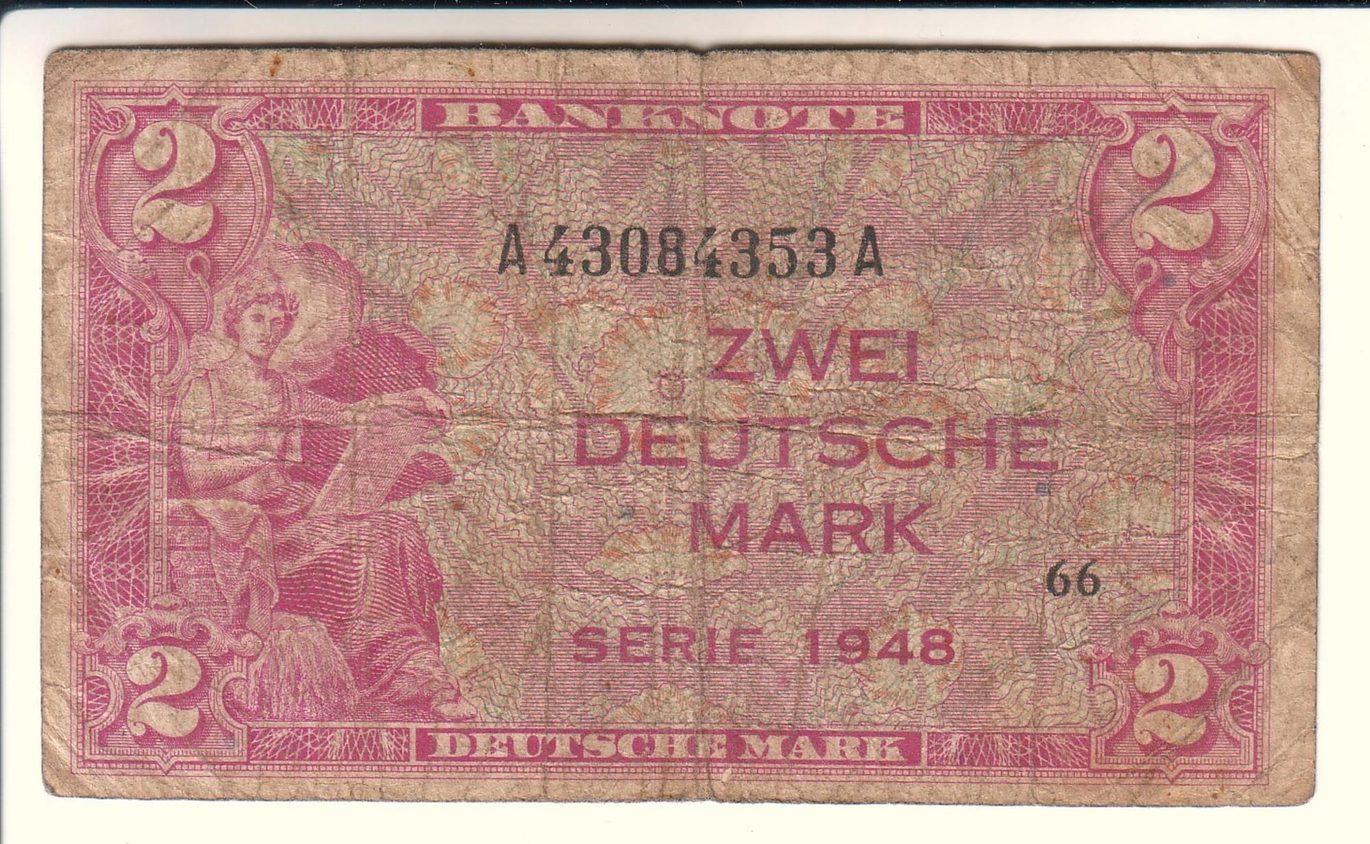 Banknote A43084353 A - Zwei Deutsche Mark Serie 1948 - bez. mit 66 ...
