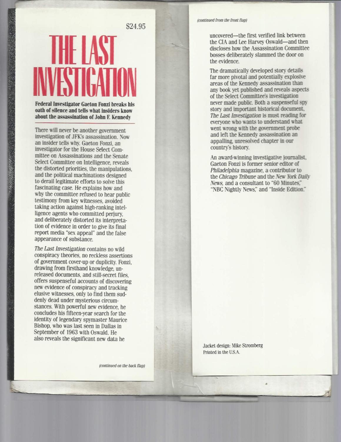 THE LAST INVESTIGATION; A Former Federal Investigator for The House ...