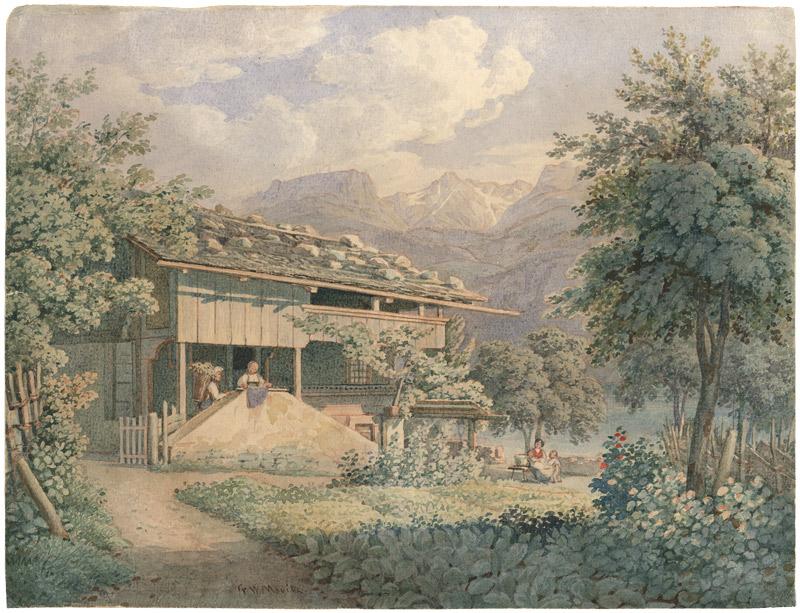 Landschaft mit Schweizer bauernhaus mit Blick zur Jungfrau. von Moritz ...