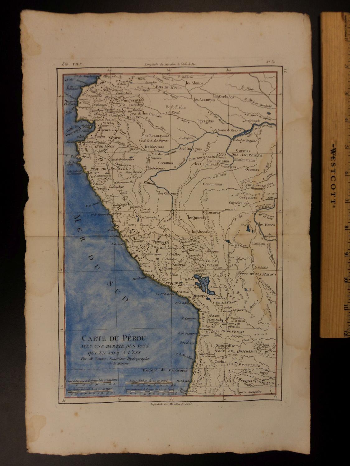 Color Copper Map PERU Ecuador Bolivia South America Bonne 41cm X 27cm ...