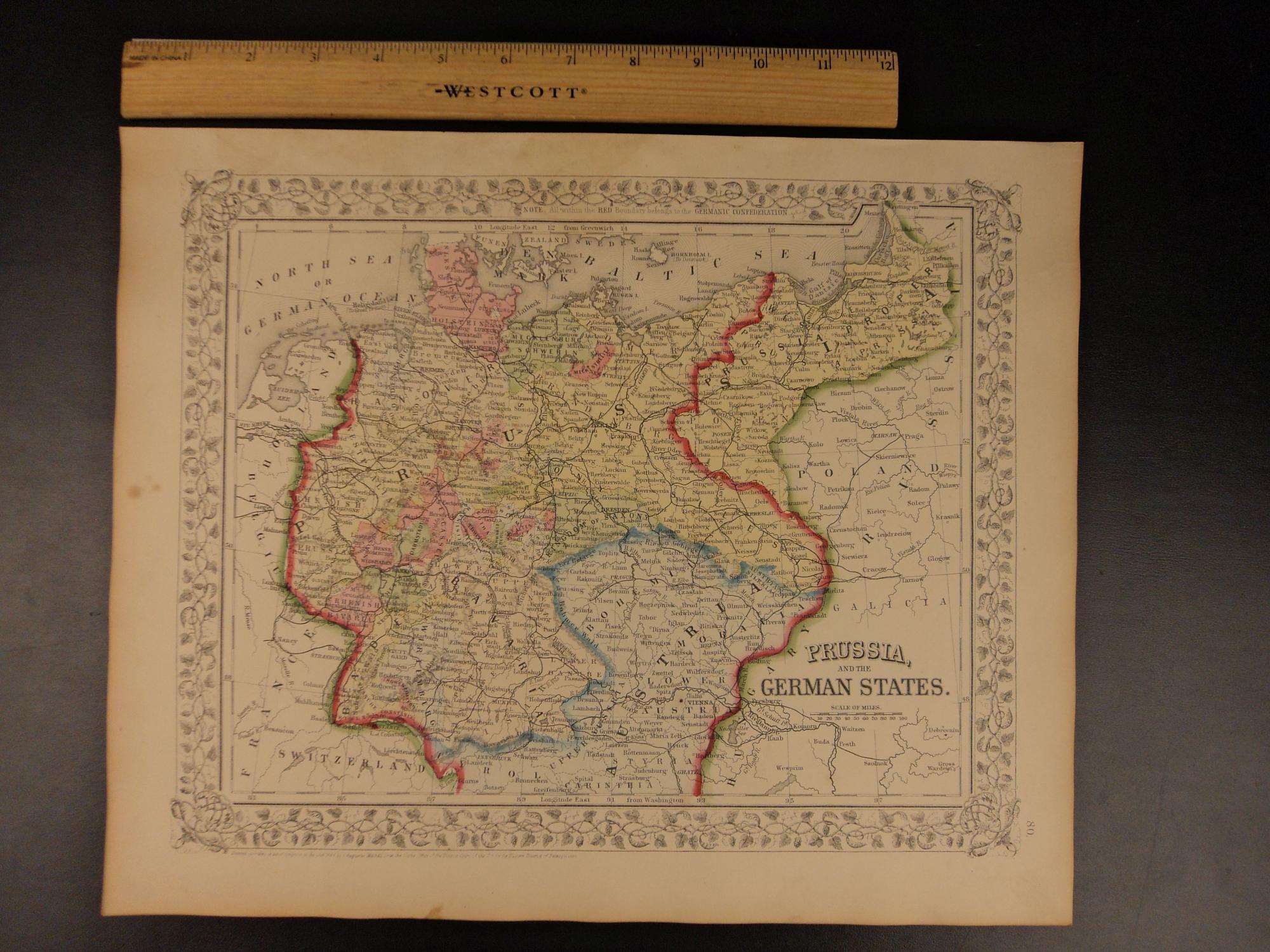 1866 Color Steel Engraved Map of PRUSSIA Germany Austria Bavaria ...