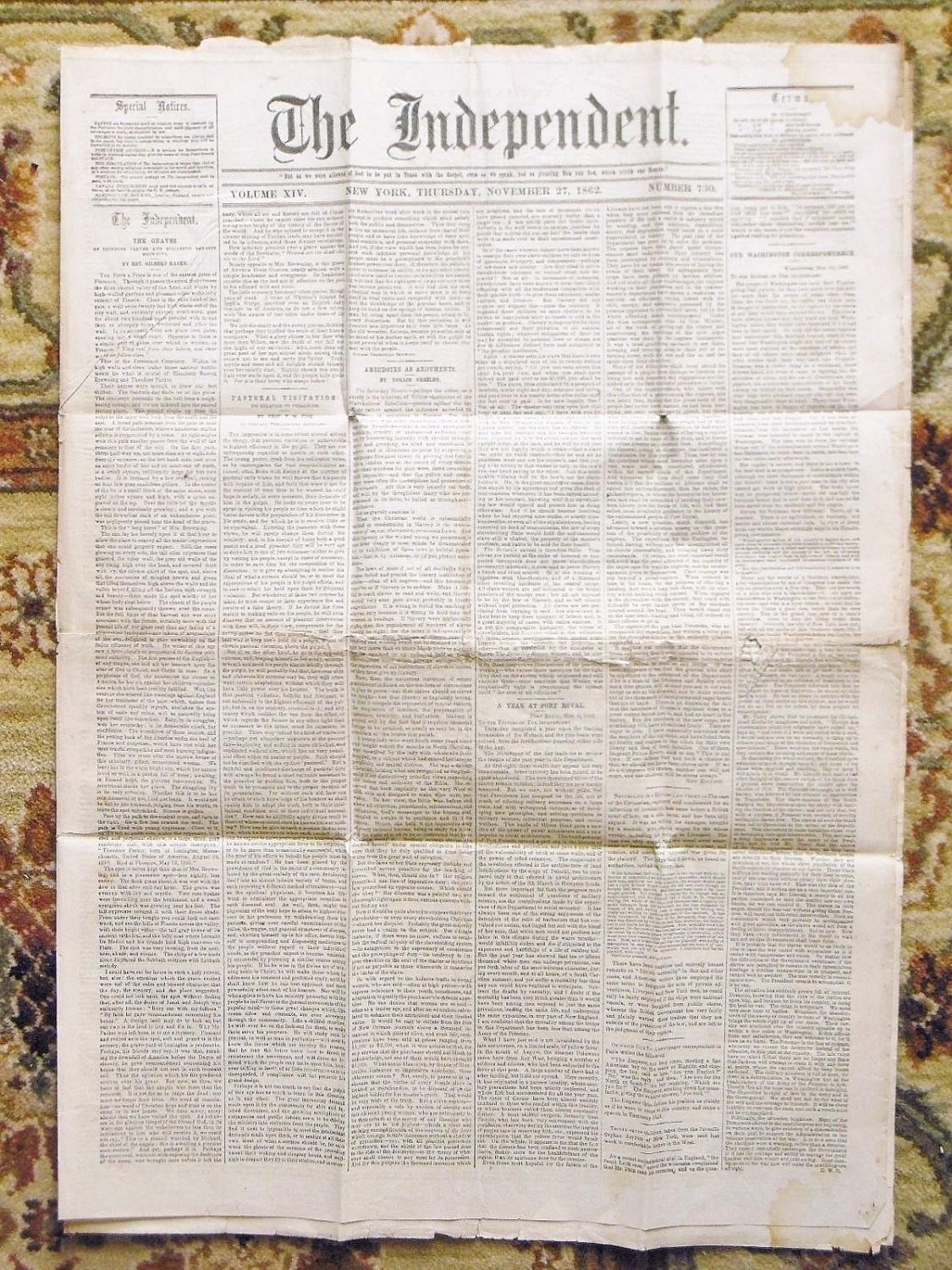 1862 CIVIL WAR NEWSPAPER "THE INDEPENDENT" BATTLE REPORTS Edited by ...