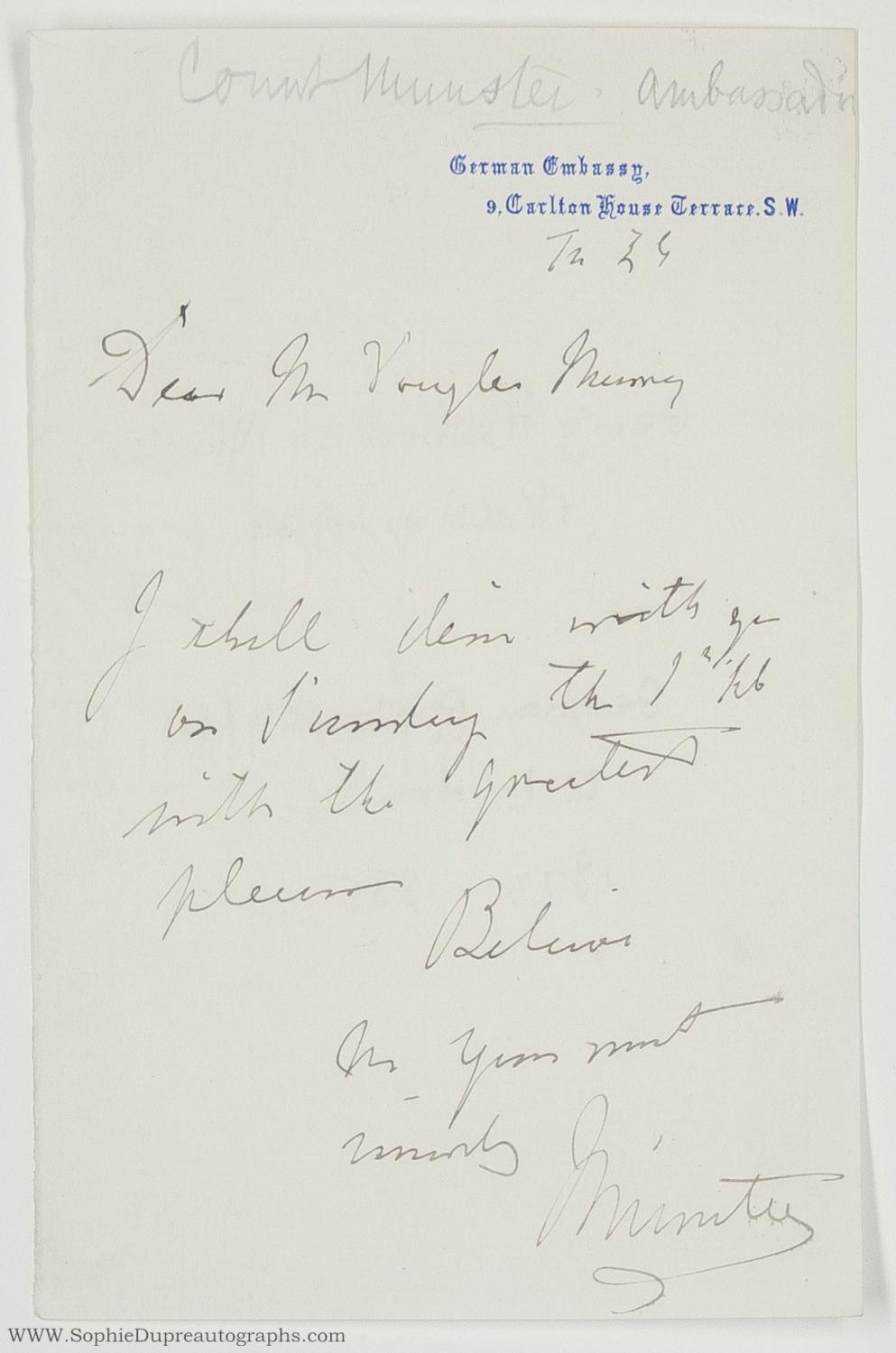 Autograph Letter Signed to Mr Douglas Murray, (Count Georg Herbert zu ...