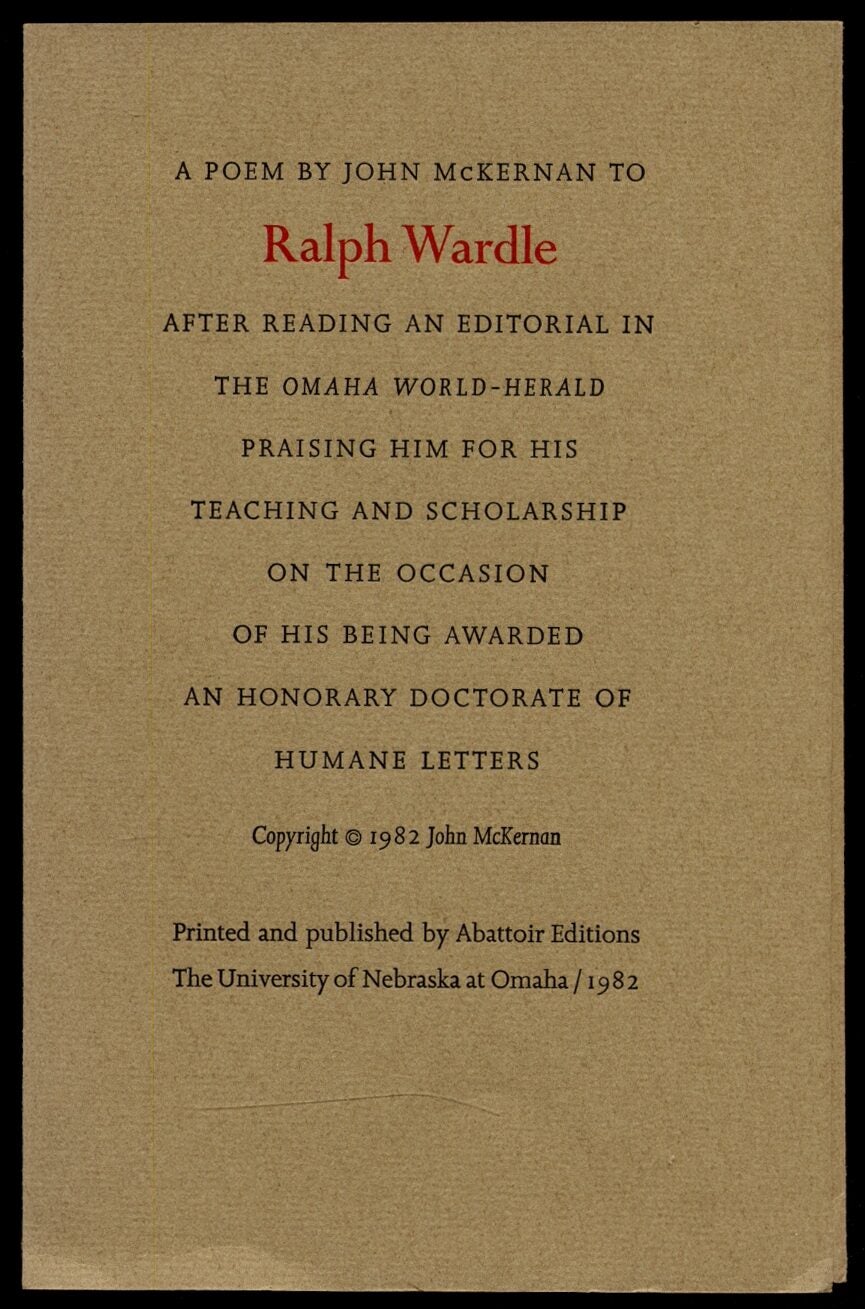 A Poem by John McKernan to Ralph Wardle. by McKERNAN, John: Fine ...