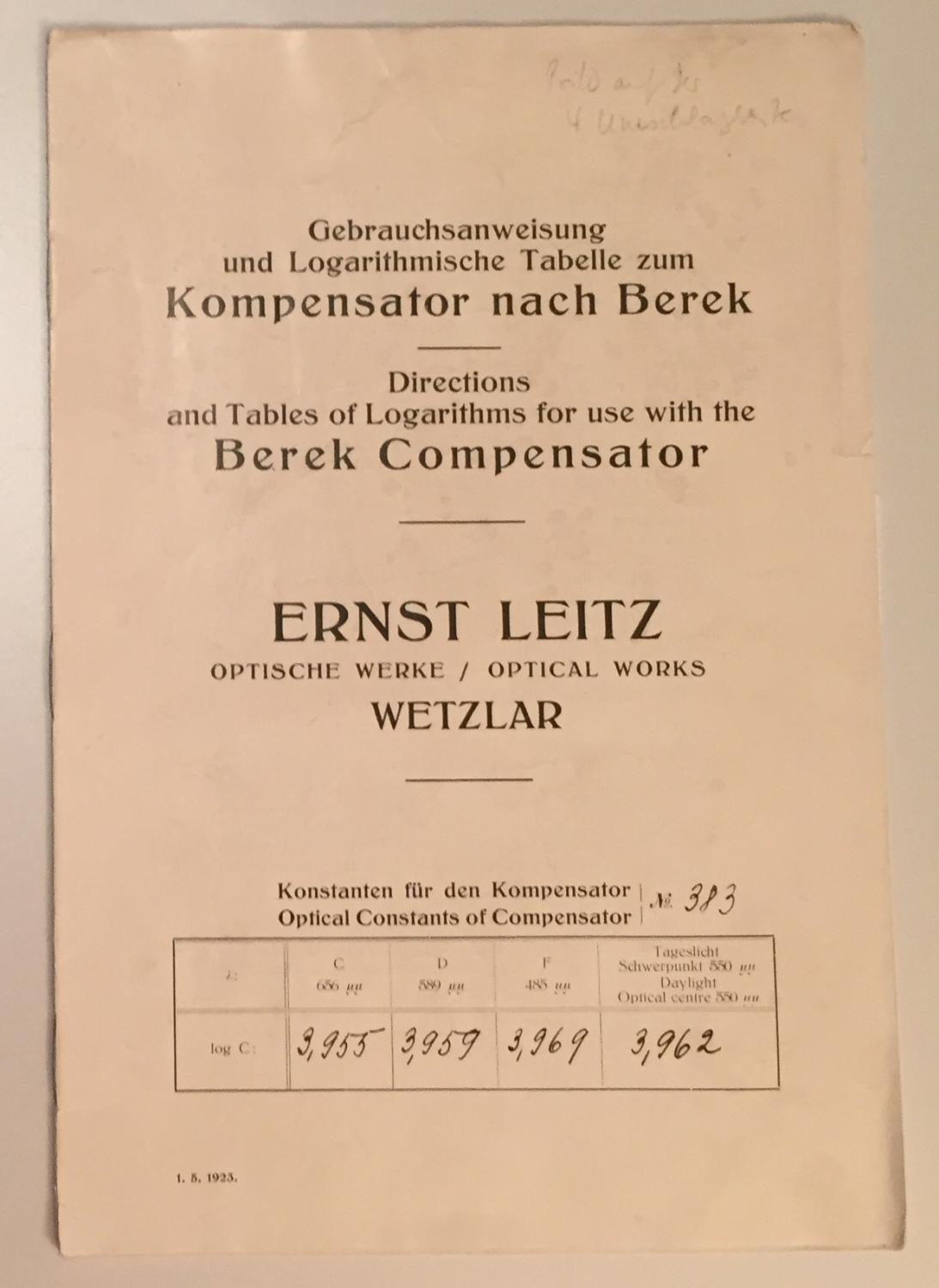 Gebrauchsanweisung und Logarithmische Tabelle zum Kompensator nach ...