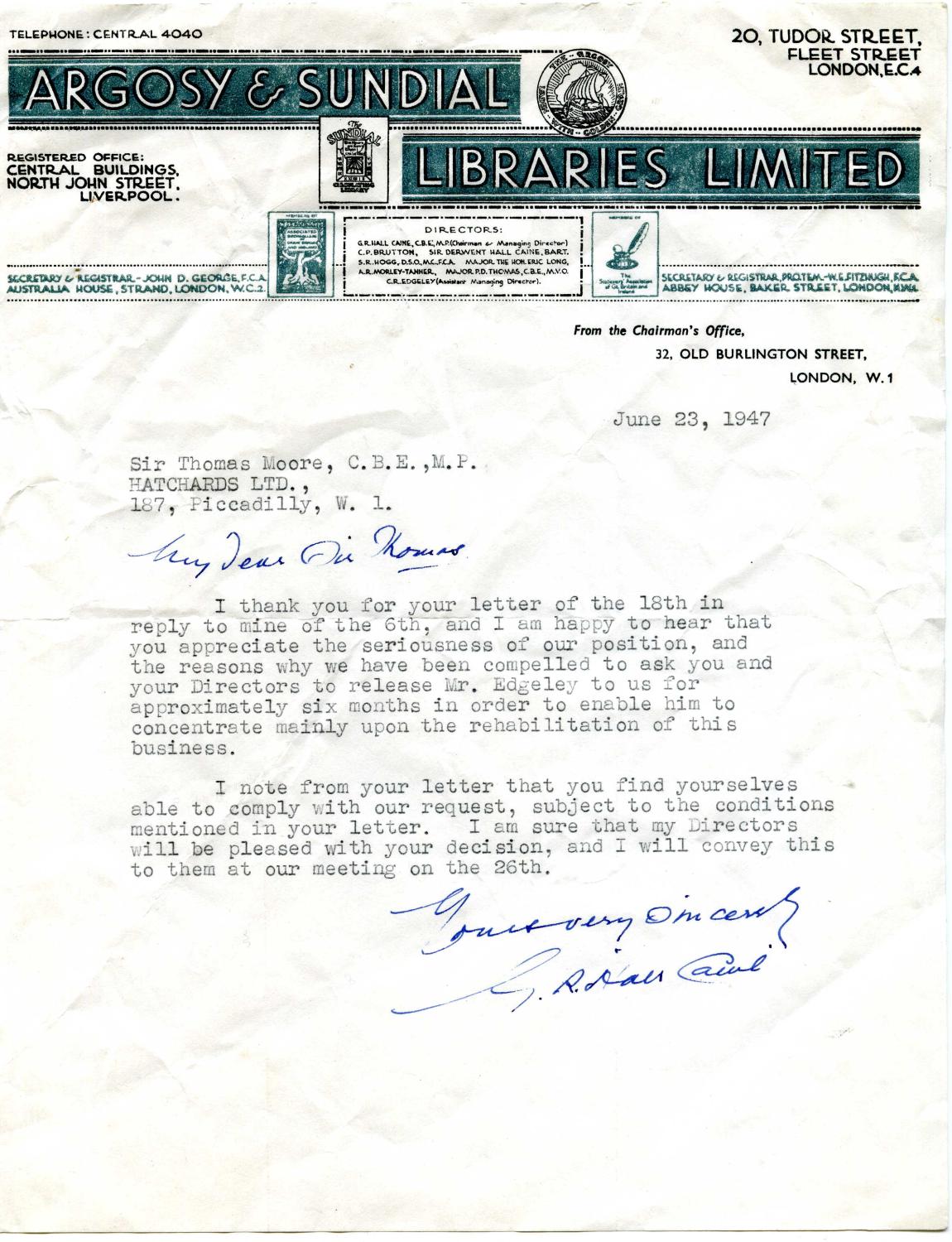 Typed Letter Signed ('G. R. Hall Caine') to Sir Thomas Moore of ...