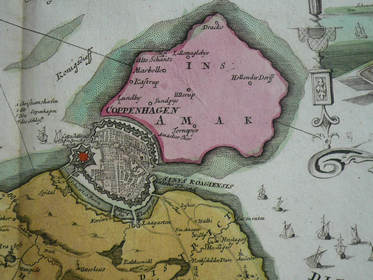 Copenhagen/Seeland, map+plan, Homann J.B., old colours by Homann J.B ...