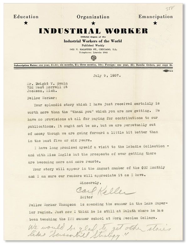 Typed Letter, Signed, Addressed to Dwight V. Swain by KELLER, Carl ...