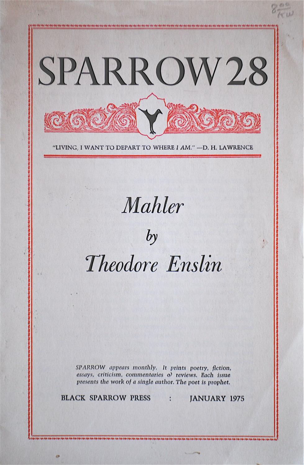 Mahler By Theodore Enslin (Sparrow 28) by Enslin, Theodore: Good ...