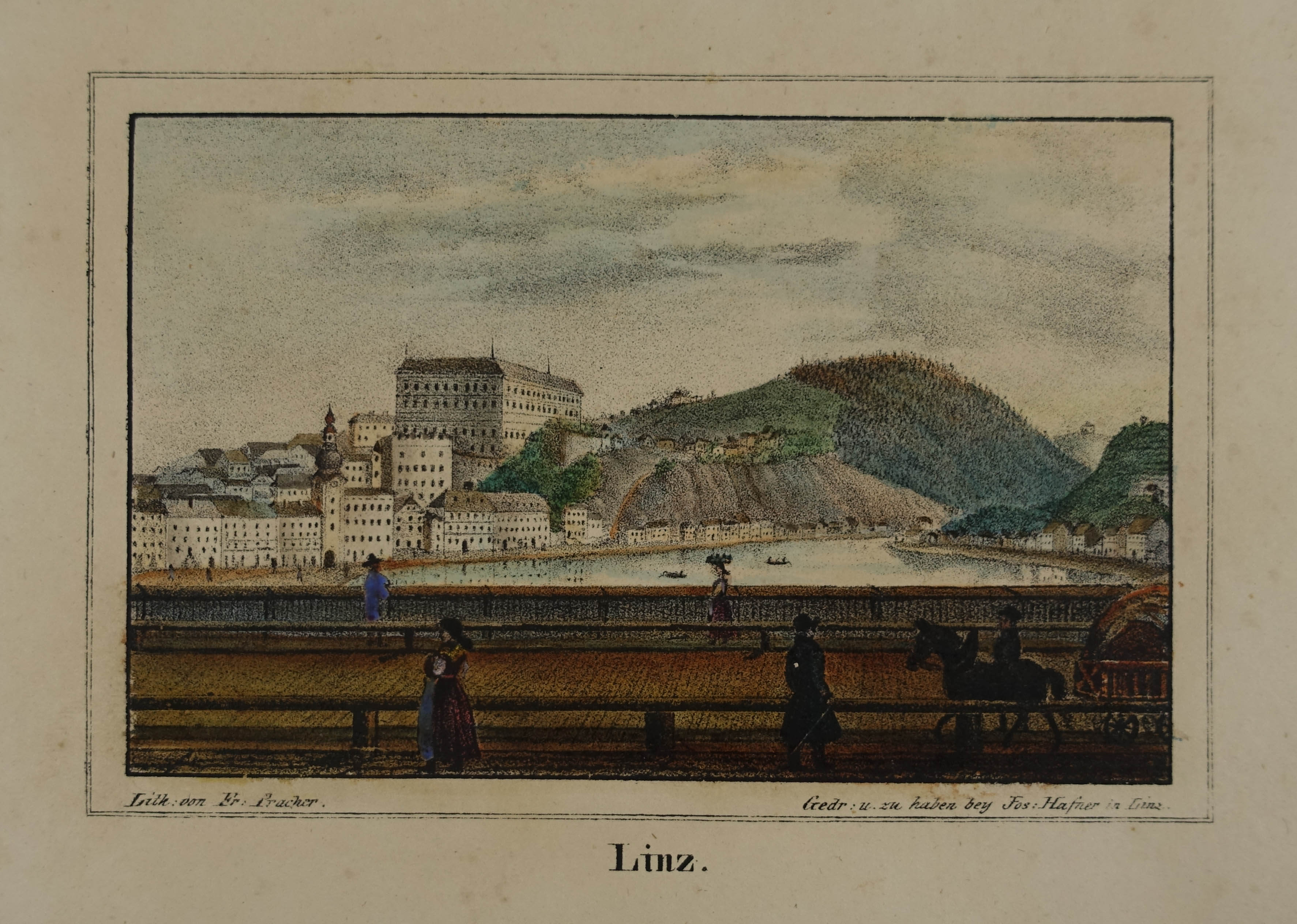 Linz. Altkolorierte Lithographie v. Franz Pracher. Linz, Jos. Hafner um ...