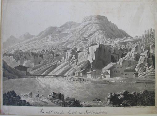 Ansicht von der Lendt im Salzburgischen. Tuschzeichnung laviert v. Karl ...