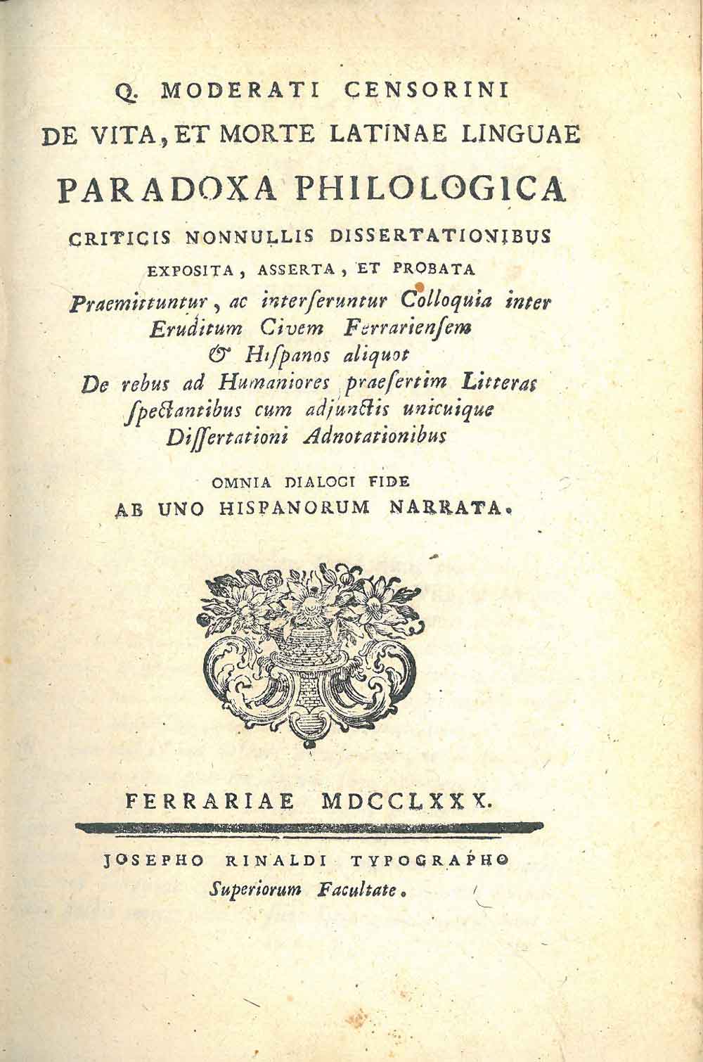 Q. Moderati Censorini De vita, et morte latinae linguae paradoxa ...