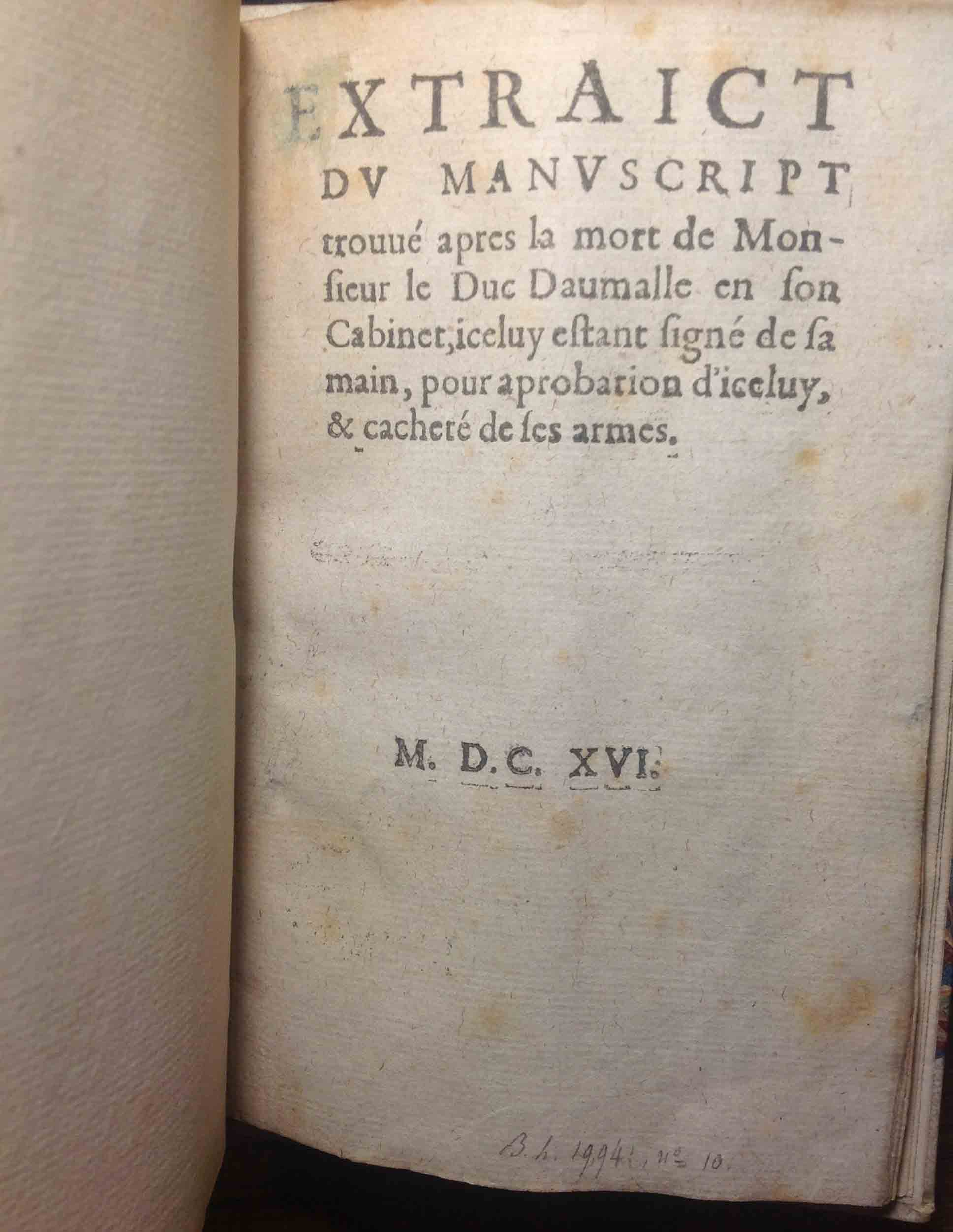 Extract du manuscrit trouvé apres la mort de Monsieur de Duc Daumalle ...