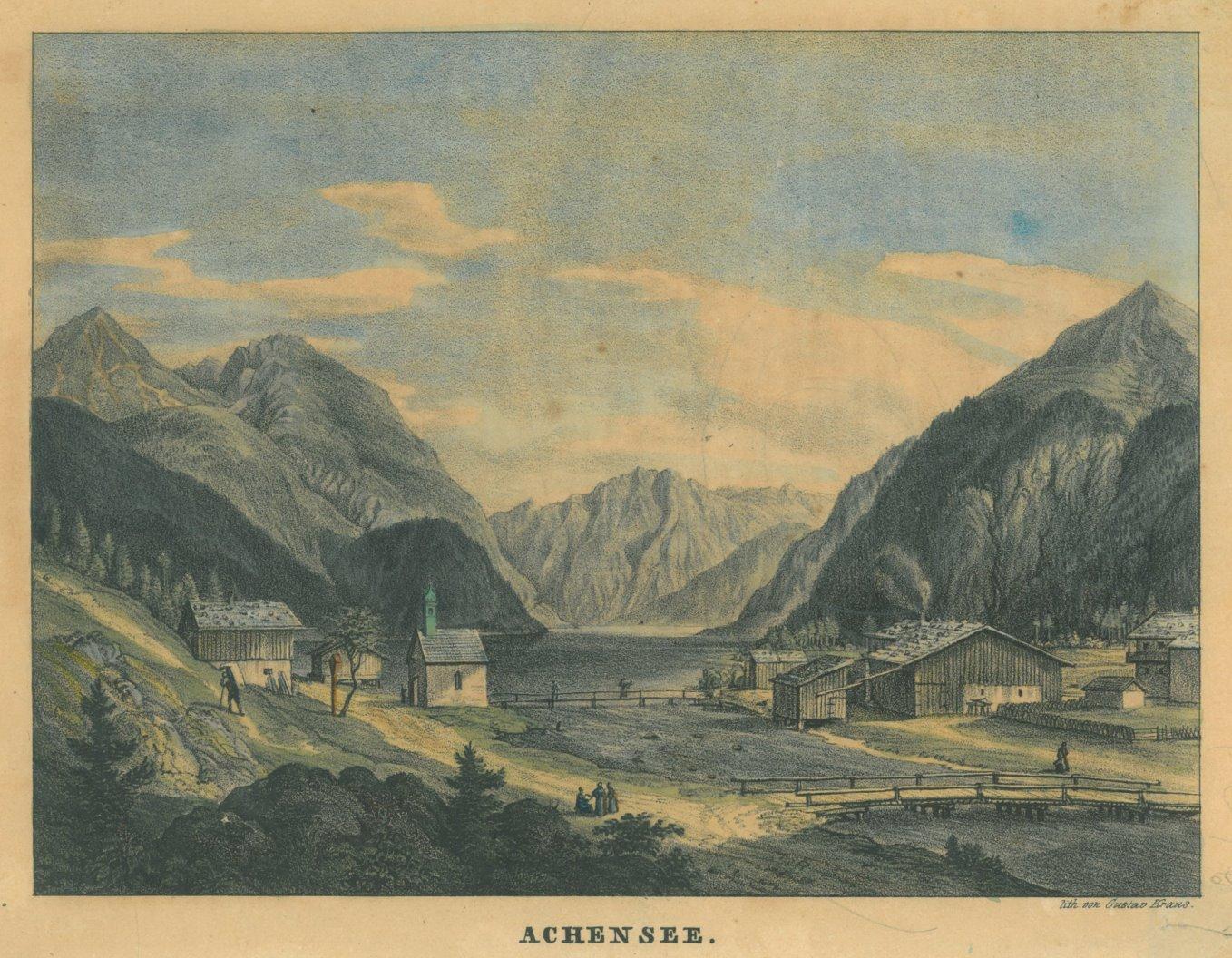 ACHENSEE. Blick auf den Ausfluss des Achenbachs, links vorne Kapelle ...