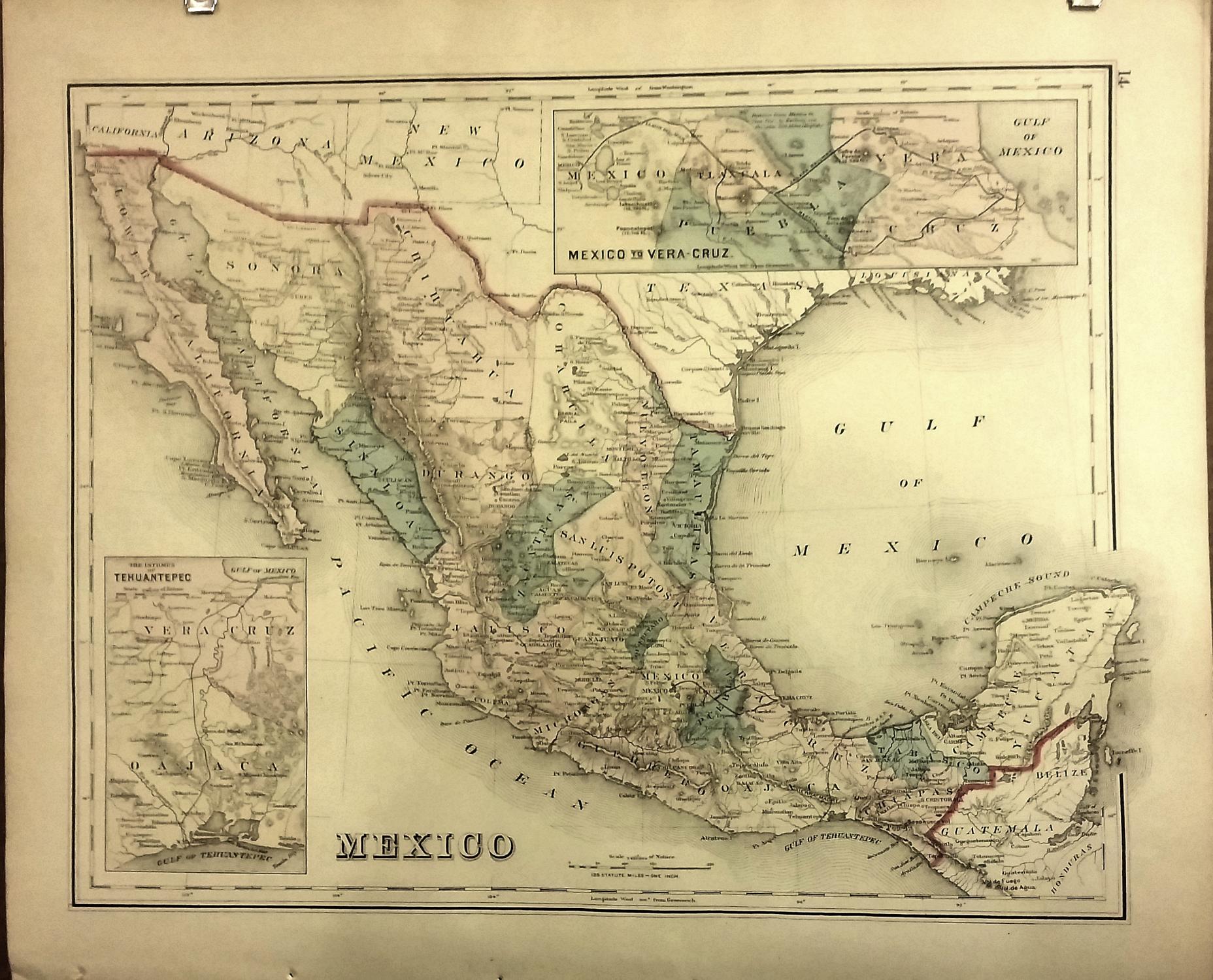 Original 1876 Map of Mexico by Gray & Davis; H.L. Kochersperger (ed ...