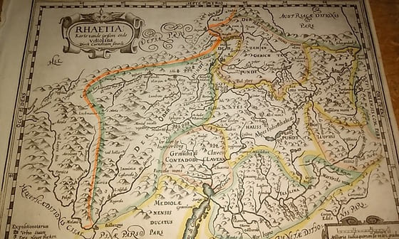 MAPA ANTIGUO: "RHAETIA Karte vande grisons ende Veltolina Dirck ...