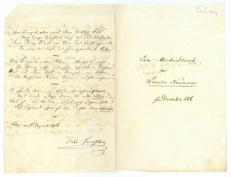 "Ein Abschiedswort an Louise Neumann. Im December 1856". Eigenh ...