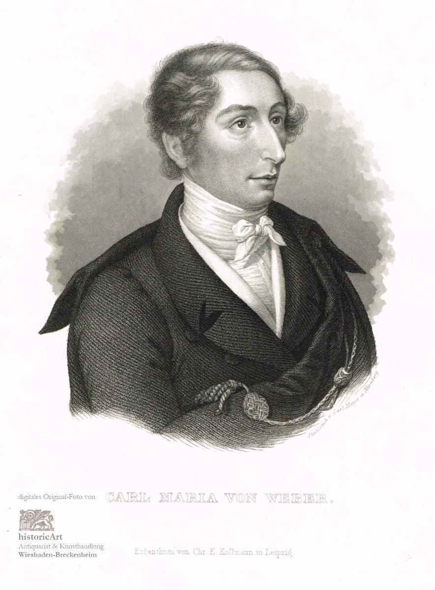 Carl Maria von Weber. Brustbild mit Umhang und Binde nach viertelrechts ...