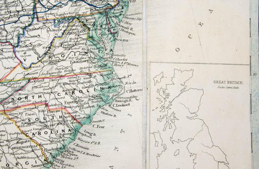 Engraved coloured map. The United States and the Relative Position of ...