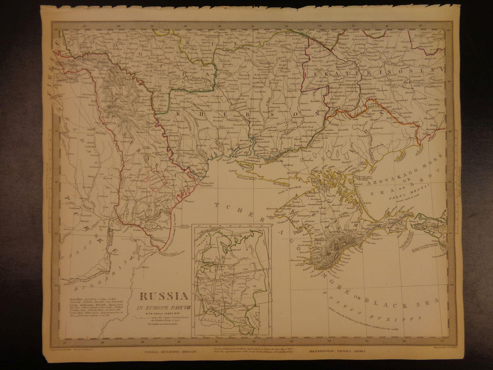 1844 BEAUTIFUL Huge Color MAP of South Russia in Europe Pruth Azov Sea ...