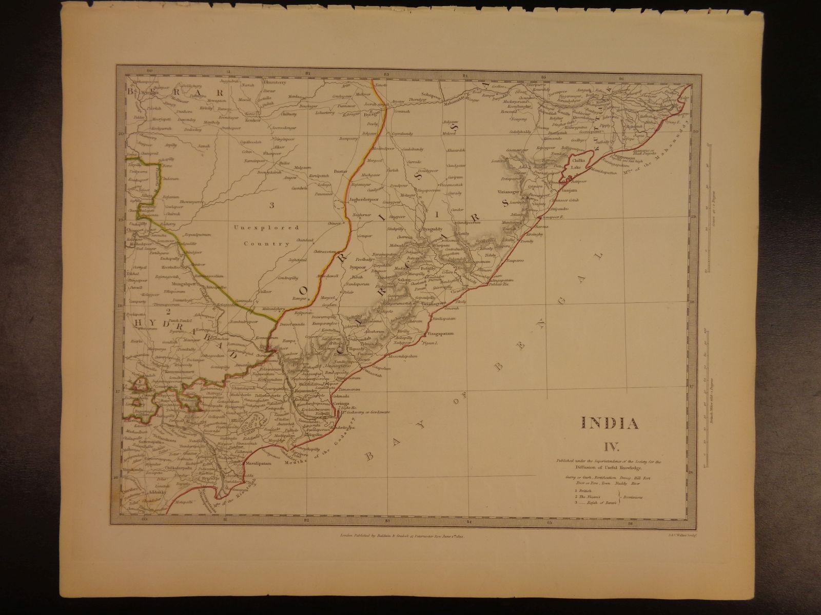 1844 BEAUTIFUL Huge Color MAP of INDIA Circars Orissa Bengal Bay ...