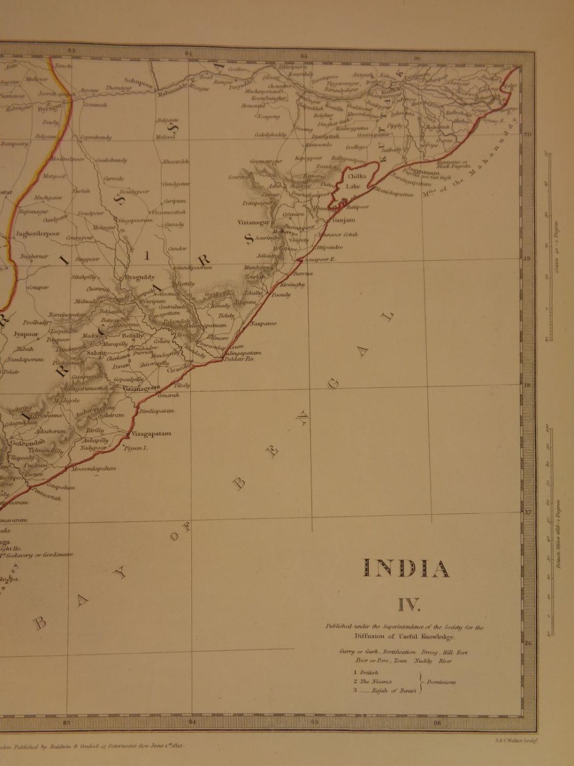 1844 BEAUTIFUL Huge Color MAP of INDIA Circars Orissa Bengal Bay ...