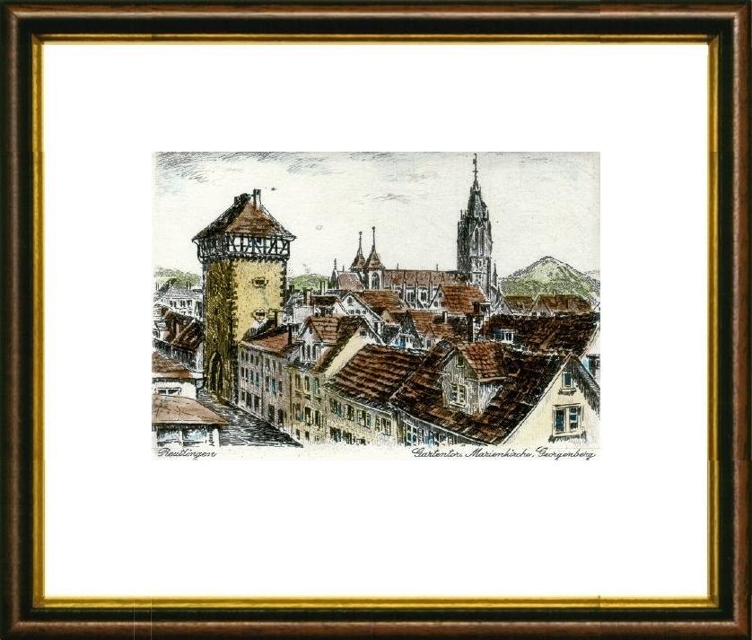 Handkolorierte original Radierung Reutlingen, Marienkirche m ...