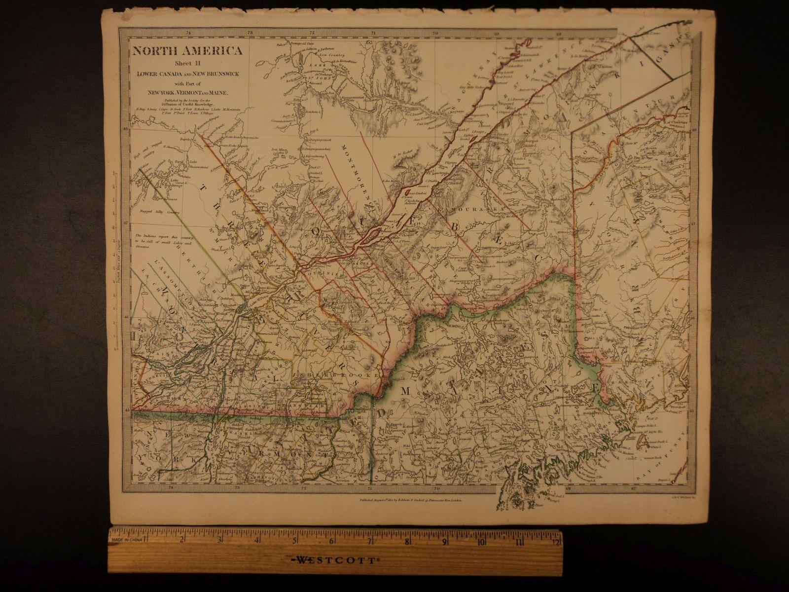 1844 BEAUTIFUL Huge Color MAP North America Canada Maine Montreal ATLAS ...