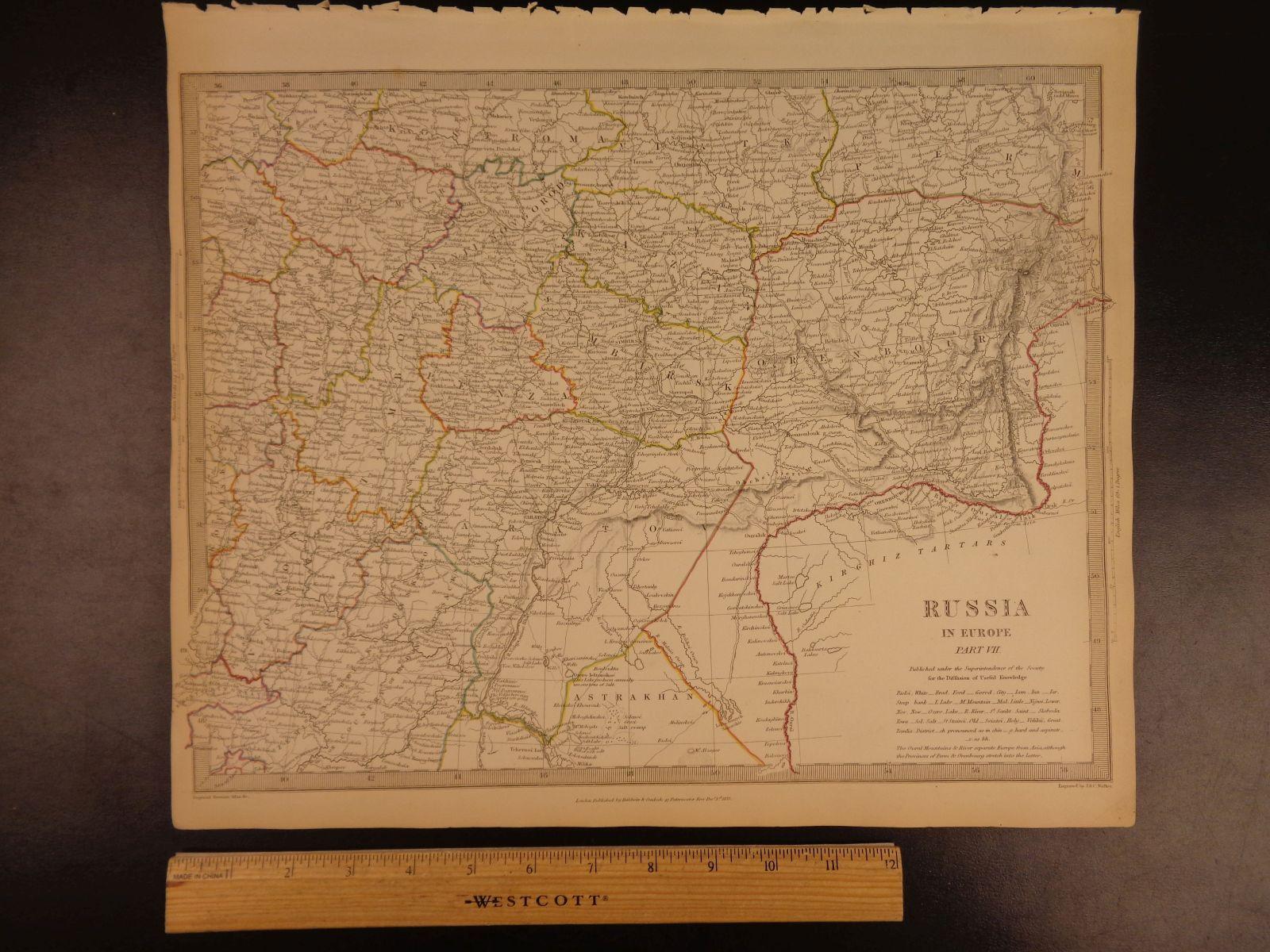 1844 BEAUTIFUL Huge Color MAP of Southeast Russia Europe Moscow ...