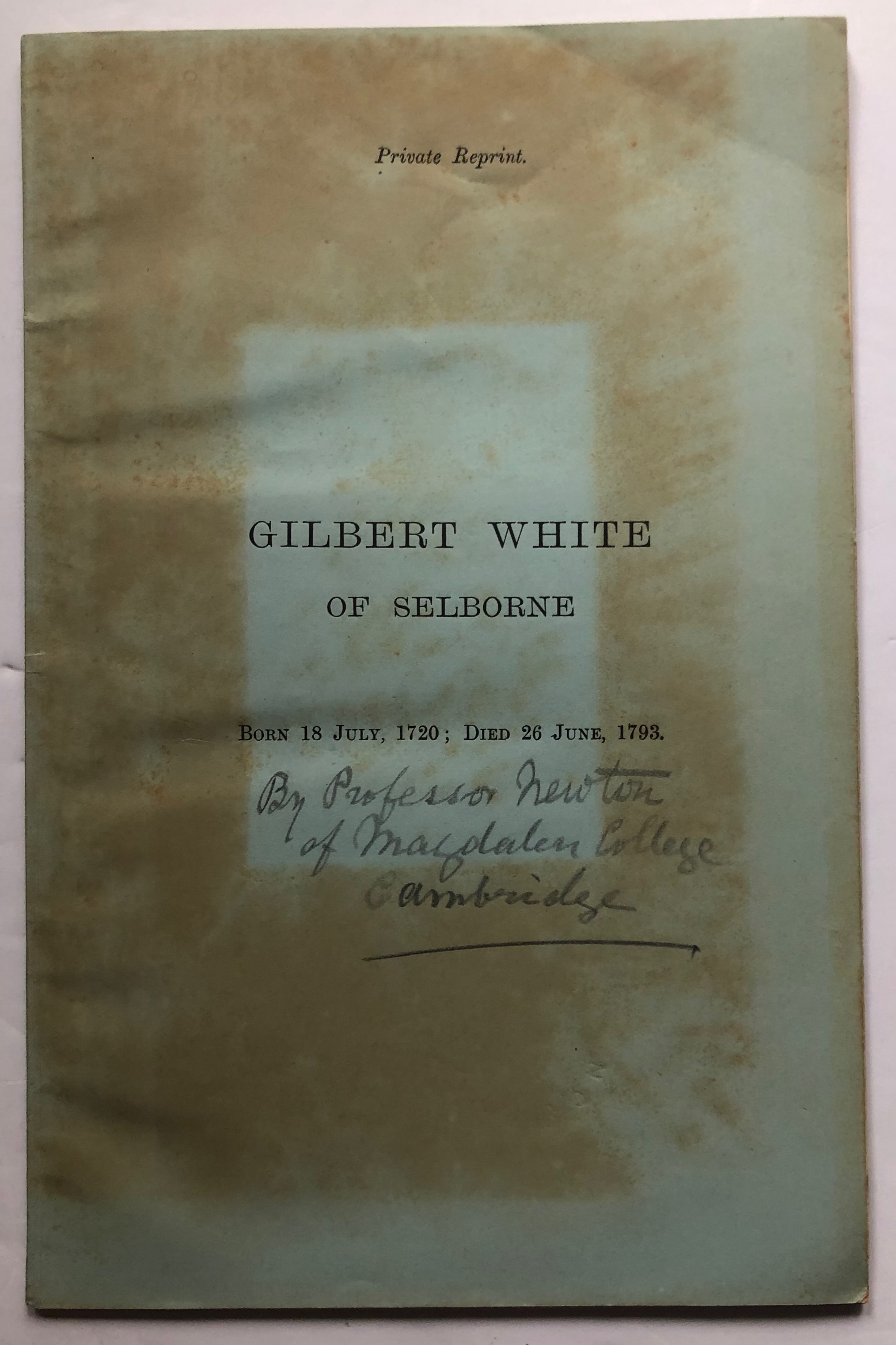 Gilbert White Of Selbourne Born 18 July 1720 Died 26 June 1793 Private ...