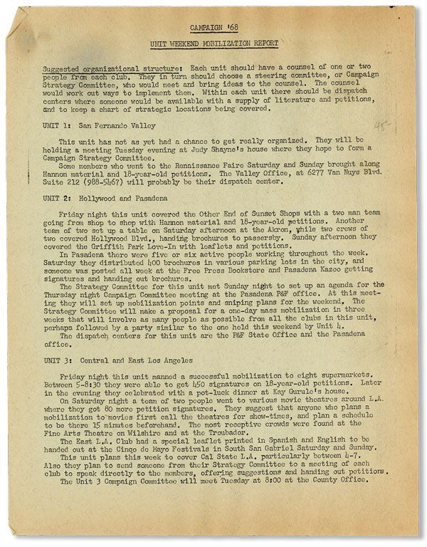 Mimeographed Memo: Campaign '68: Unit Weekend Mobilization Report by ...