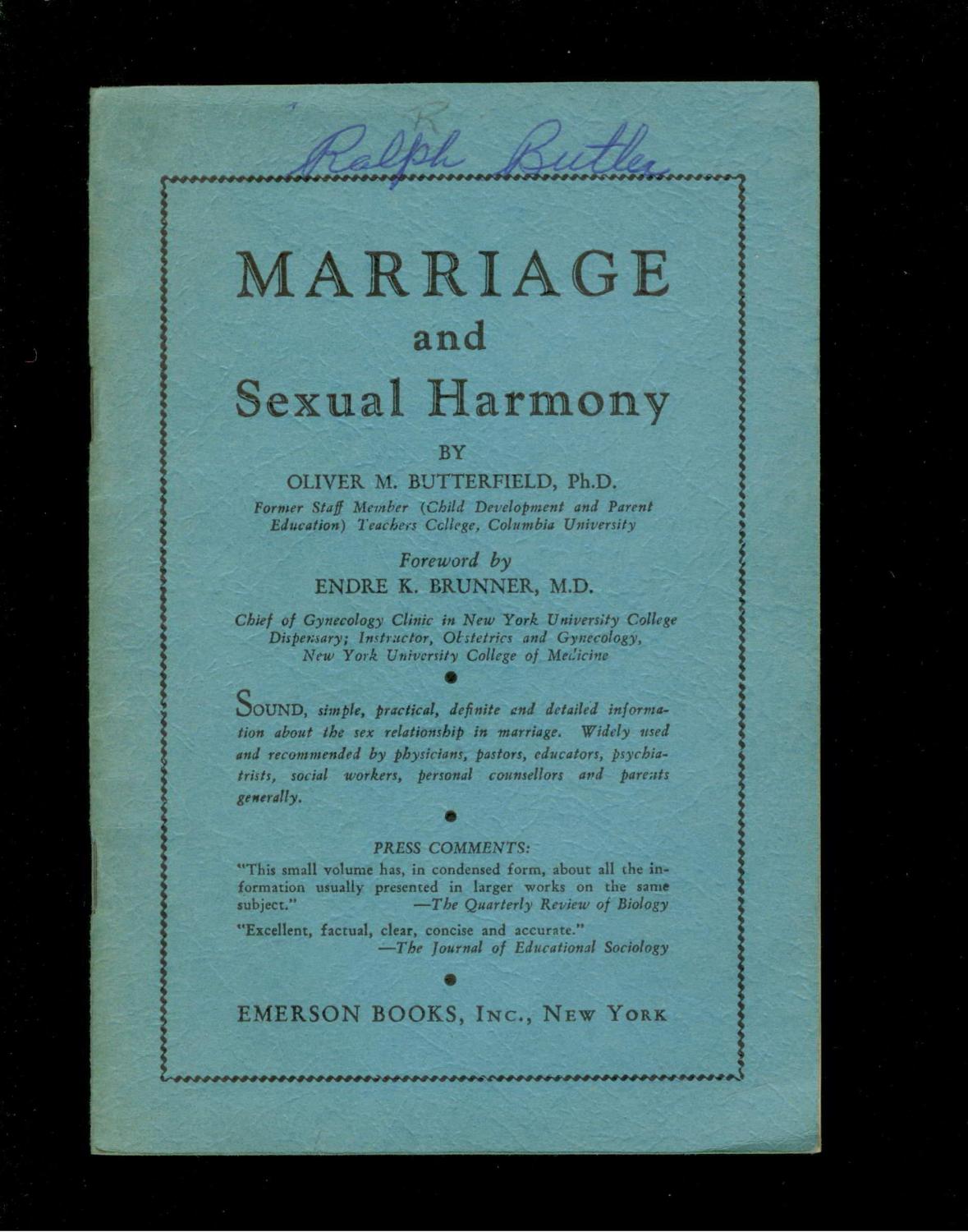 Marriage and Sexual Harmony by Oliver McKinley Butterfield: Very Good ...