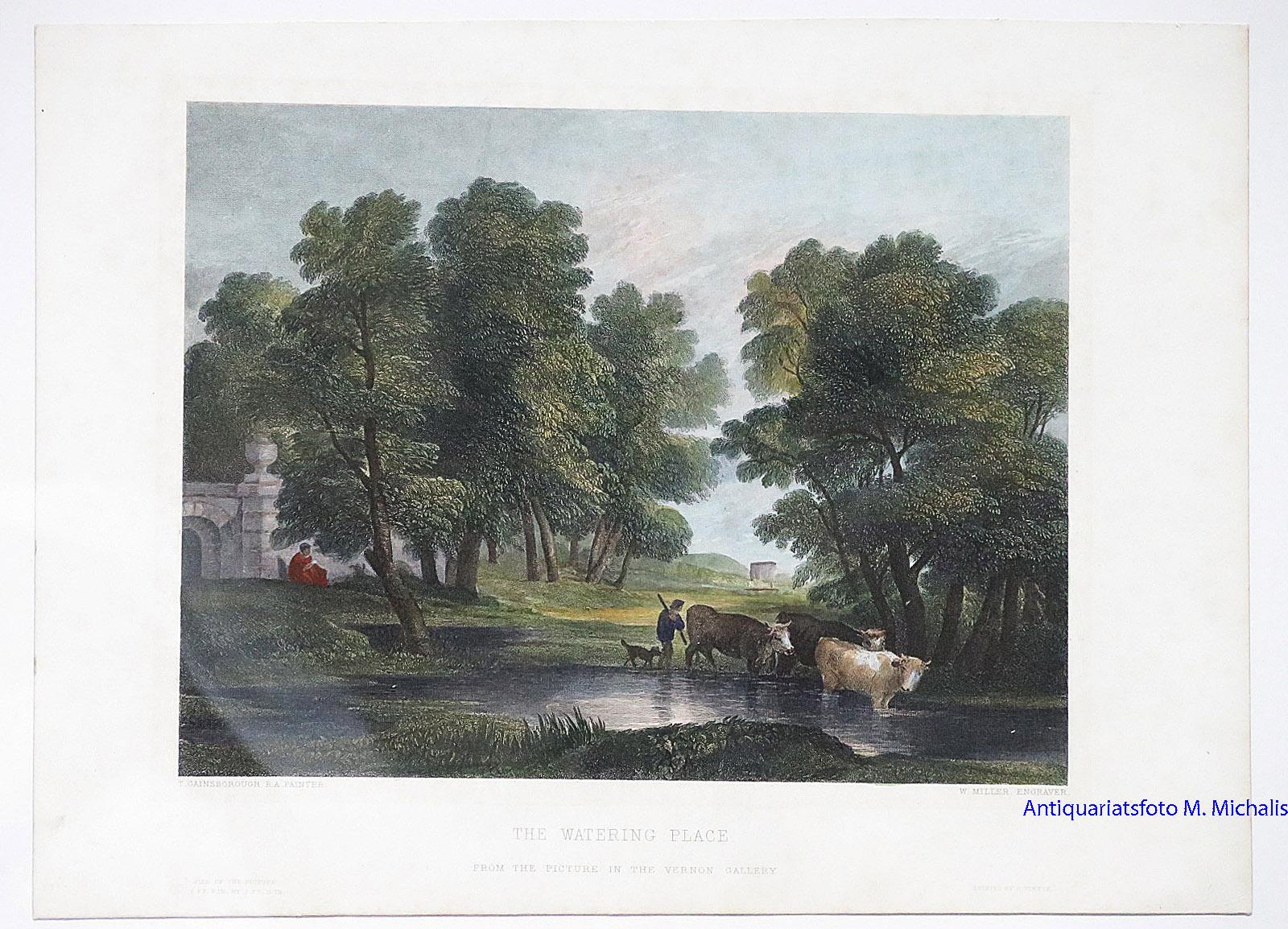 THE WATERING PLACE - an Antique Original Hand Coloured Engraving after ...