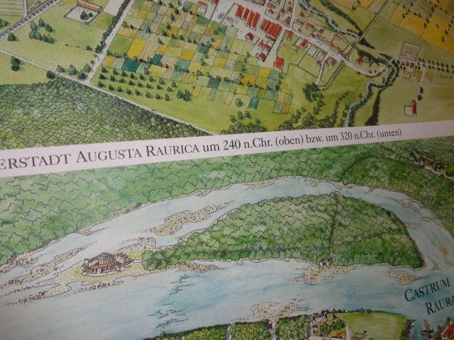 Karte von der Römerstadt Augusta Raurica um 240 nach Chr. (oben ) und ...