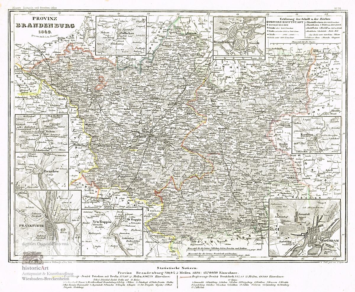 Provinz Brandenburg 1849. Landkarte vom Brandenburg mit acht ...