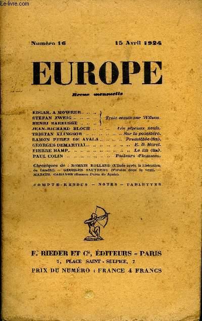 EUROPE REVUE MENSUELLE N° 16 - EDGAR.-A MOWRER. / STÉFAN ZWEIG / HENRI ...