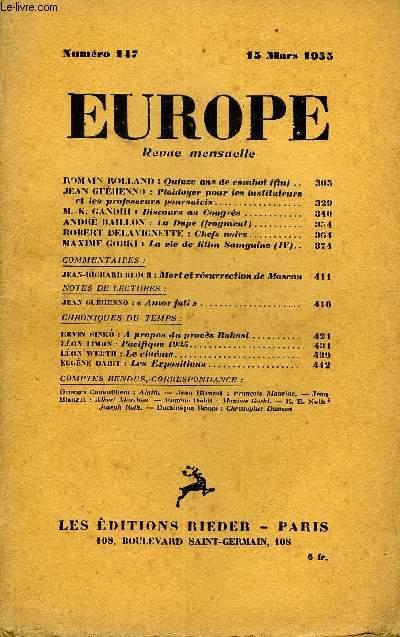 EUROPE REVUE MENSUELLE N° 147 - RIMAIN ROLLAND : Quinze ans de combat (fin) .JEAN GUEHENNO ...