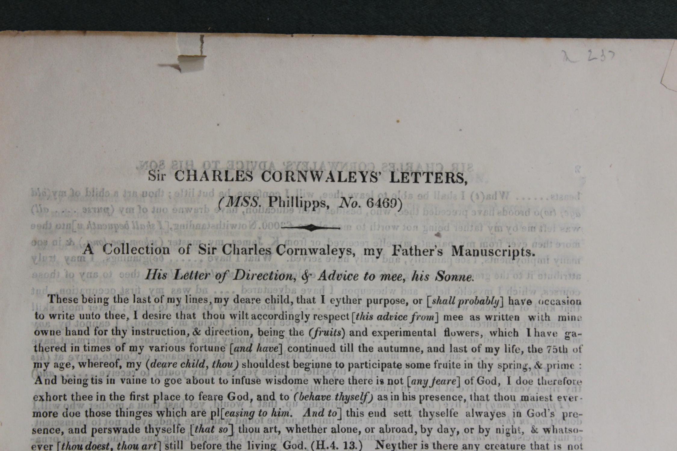 Sir Charles Cornwaley's letters. (MSS Phillipps No 6469) [together with ...