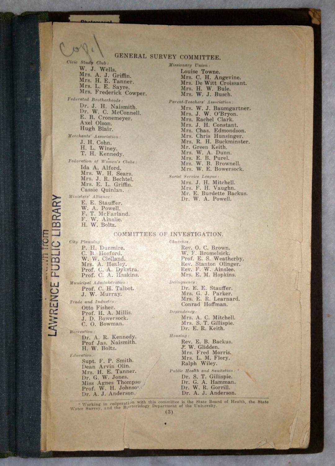 Lawrence Social Survey: Report of F. W. Blackmar, Director, and E. W ...