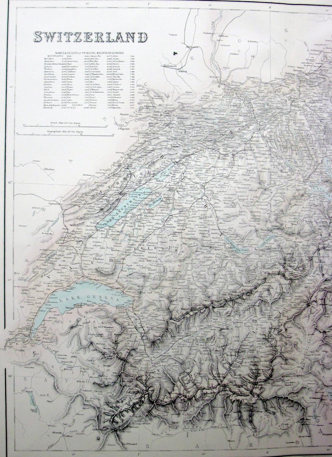 Antique Map: Switzerland. Names & Heights of Principal Mountains ...