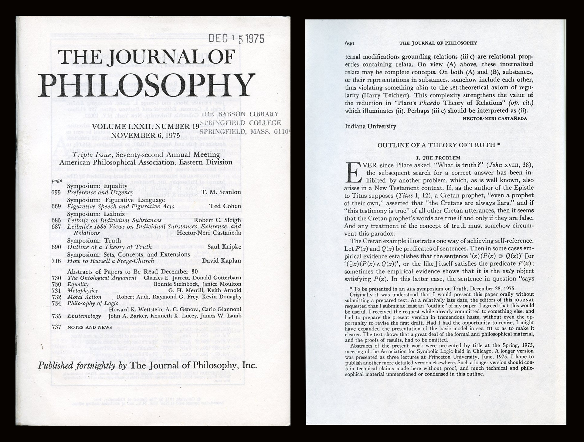 Outline of a Theory of Truth in The Journal of Philosophy, Col. LXXII ...