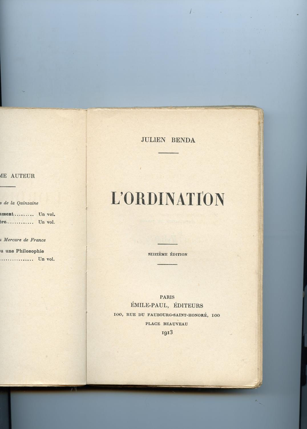 L'ORDINATION. von BENDA (Julien): Bon Couverture souple (1919 ...