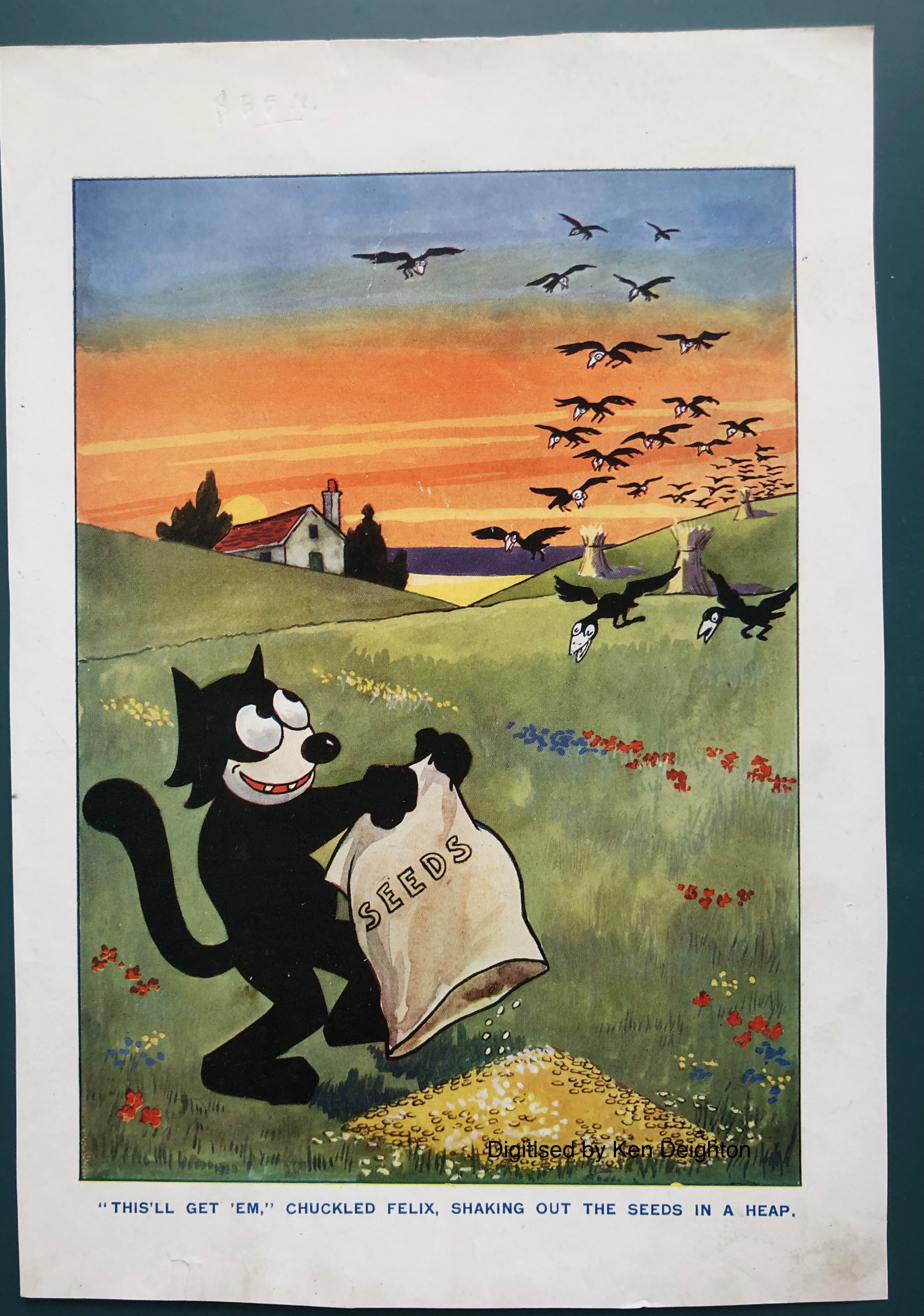 Felix The Cat Original Print Felix On Hillside With Sack Of Grain Attracting Birds Thisll Get