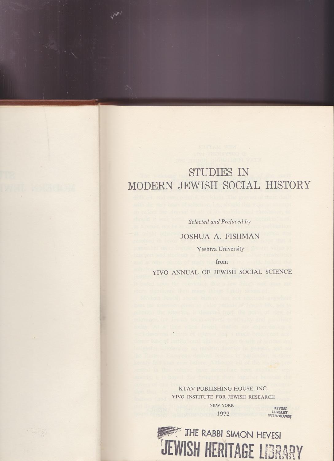 Studies in Modern Jewish Social History Selected and Prefaced by Joshua ...
