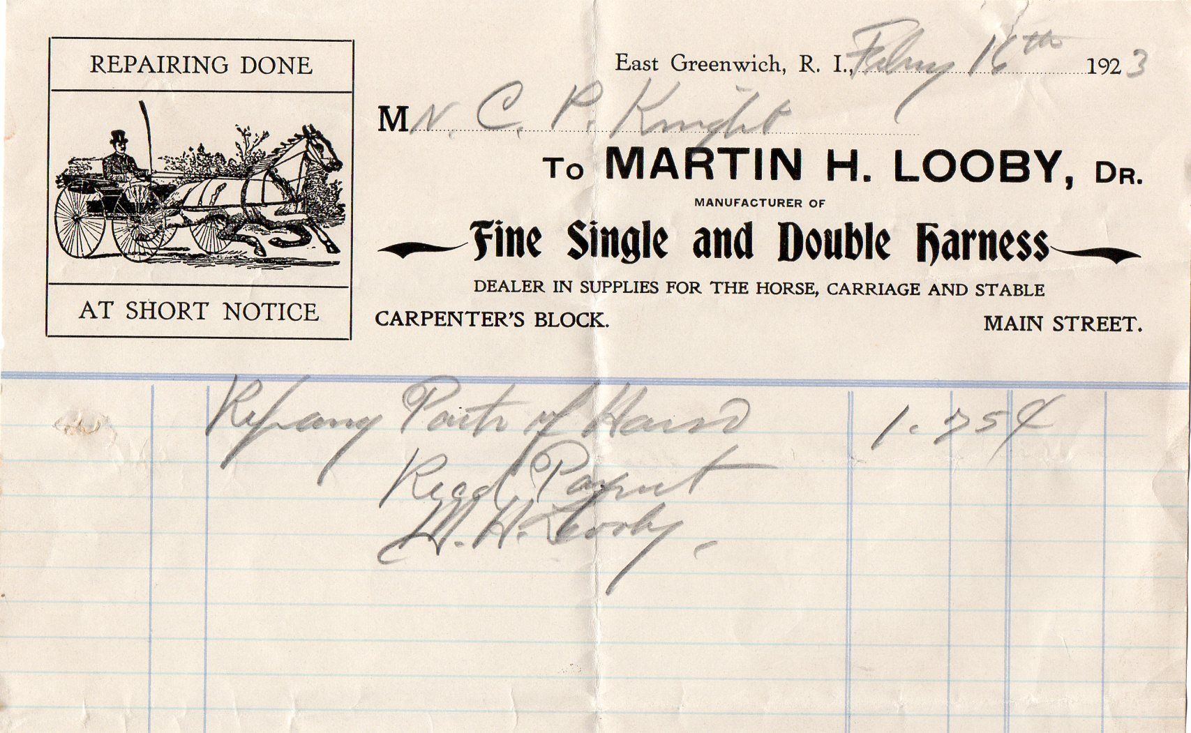 Martin H. Looby Dr. Fine Single and Double Harness Illustrated Billhead ...