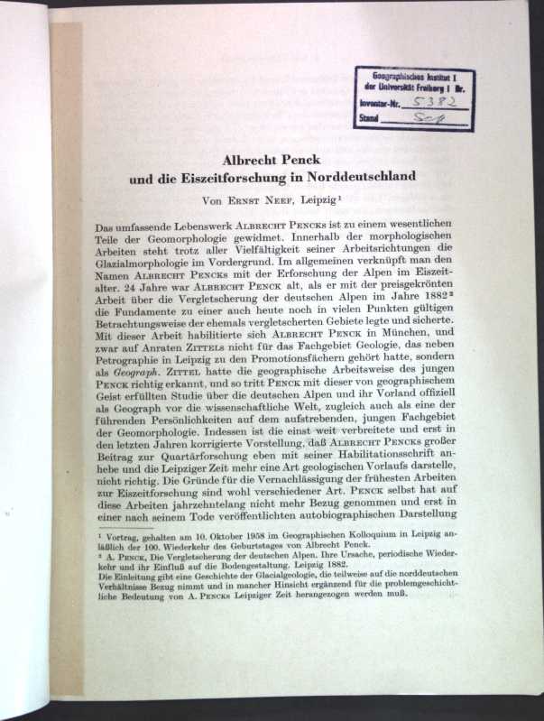 Albrecht Penck und die Eiszeitforschung in Norddeutschland; von Neef ...