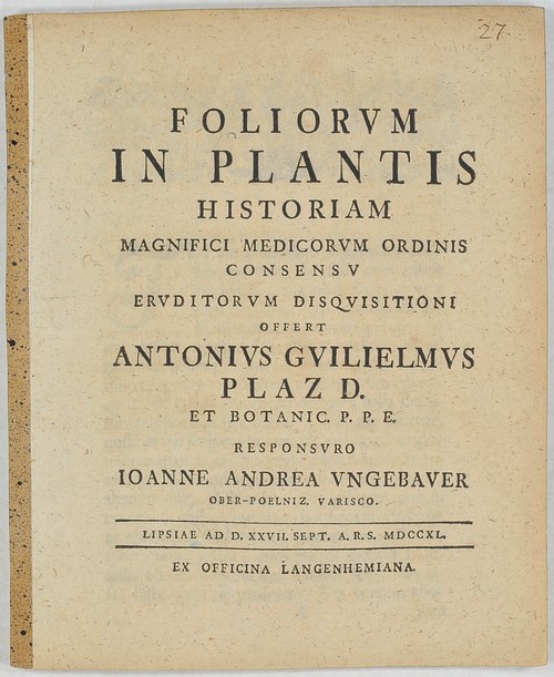 Foliorum plantis historiam. by Plaz, Anton Wilhelm (Antonius Guilielmus ...
